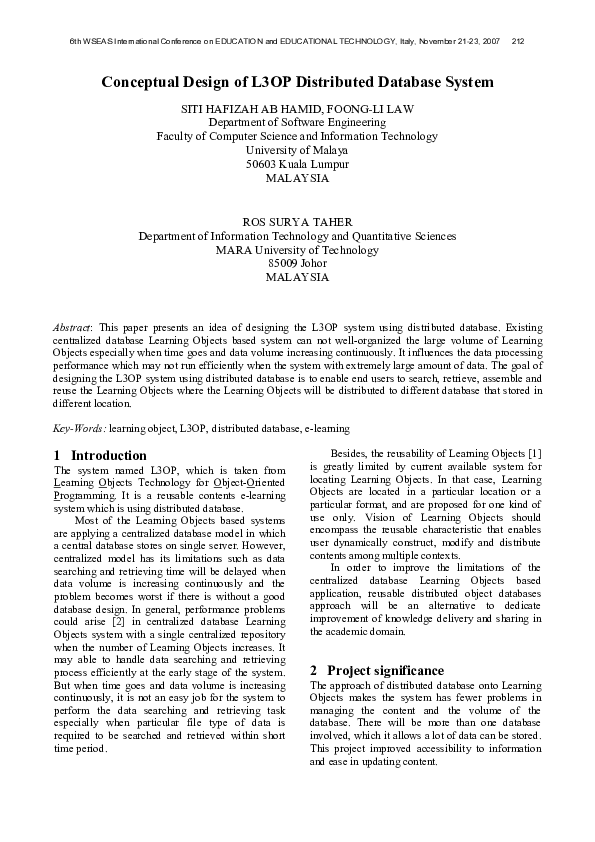 (PDF) Conceptual Design of L3OP Distributed Database System | Siti Nor Hafizah DKA3C - Academia.edu