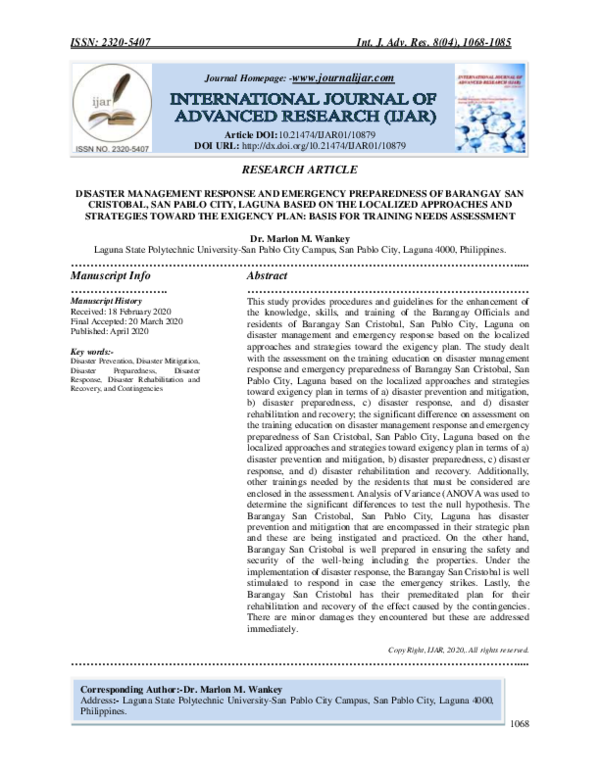 (PDF) Disaster Management Response and Emergency Preparedness of ...