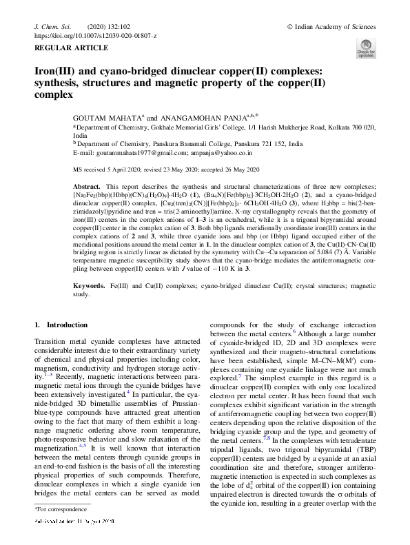 (PDF) Iron(III) and cyano-bridged dinuclear copper(II) complexes ...