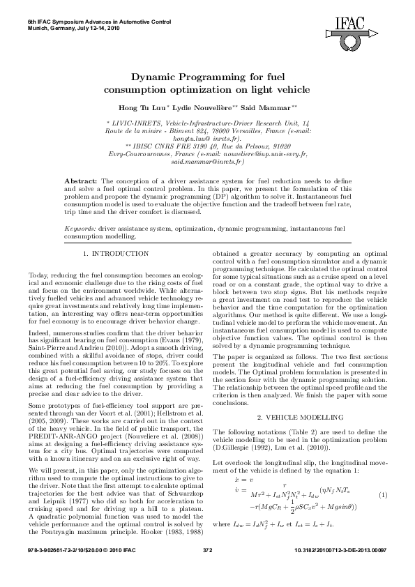 (PDF) Dynamic Programming for fuel consumption optimization on light vehicle