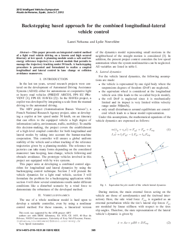 (PDF) Backstepping based approach for the combined longitudinal-lateral vehicle control