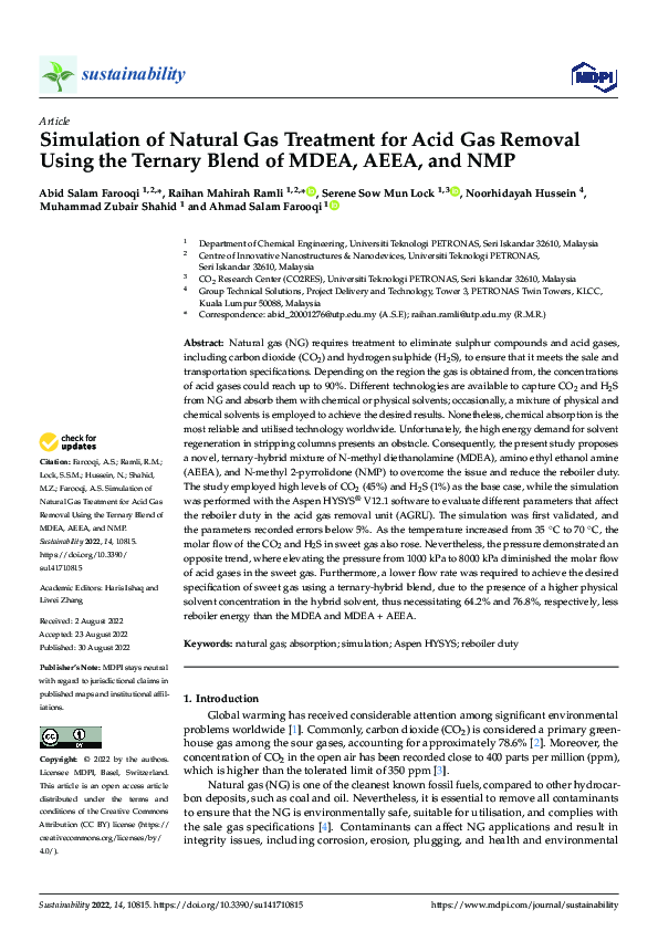 (PDF) Simulation of Natural Gas Treatment for Acid Gas Removal Using ...