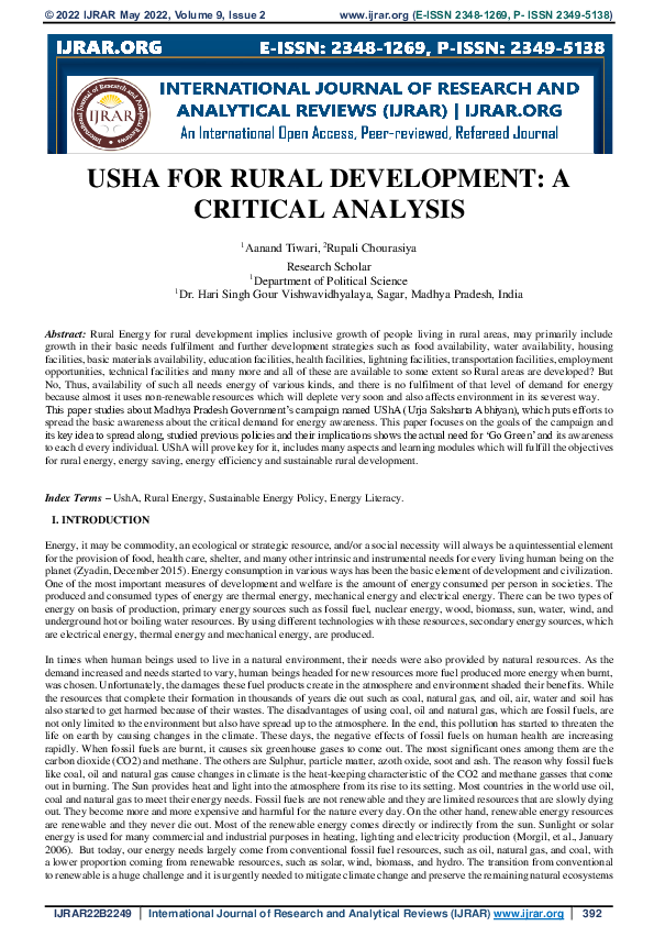 (PDF) USHA FOR RURAL DEVELOPMENT: A CRITICAL ANALYSIS