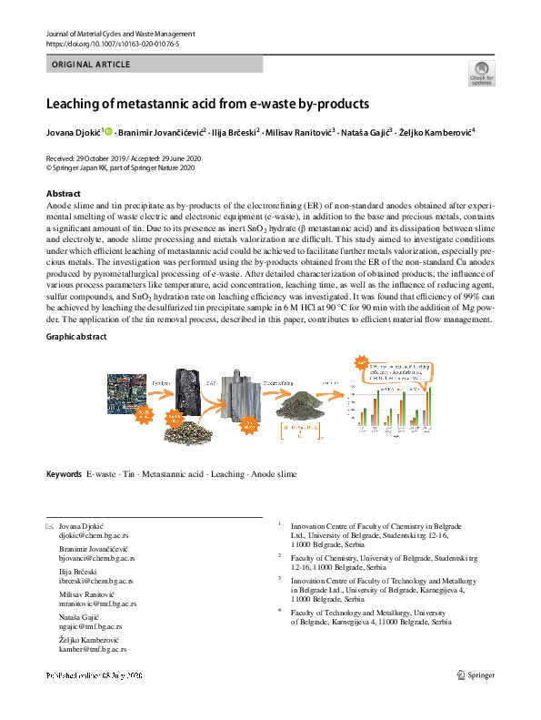 (PDF) Leaching of metastannic acid from e-waste by-products
