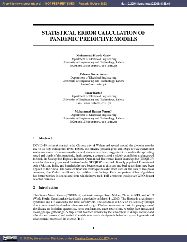 (PDF) Statistical Error Calculation of Pandemic Predictive Models