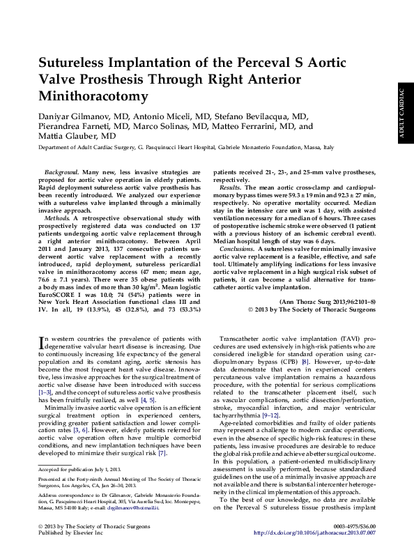 Pdf Sutureless Implantation Of The Perceval S Aortic Valve Prosthesis