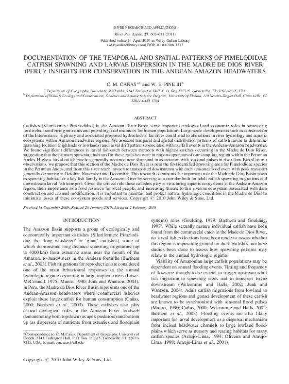 (PDF) Documentation of the temporal and spatial patterns of pimelodidae catfish spawning and ...