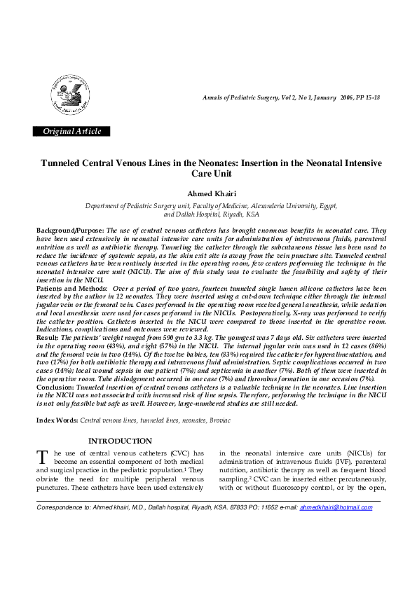(PDF) Tunneled Central Venous Lines in the Neonates: Insertion in the ...