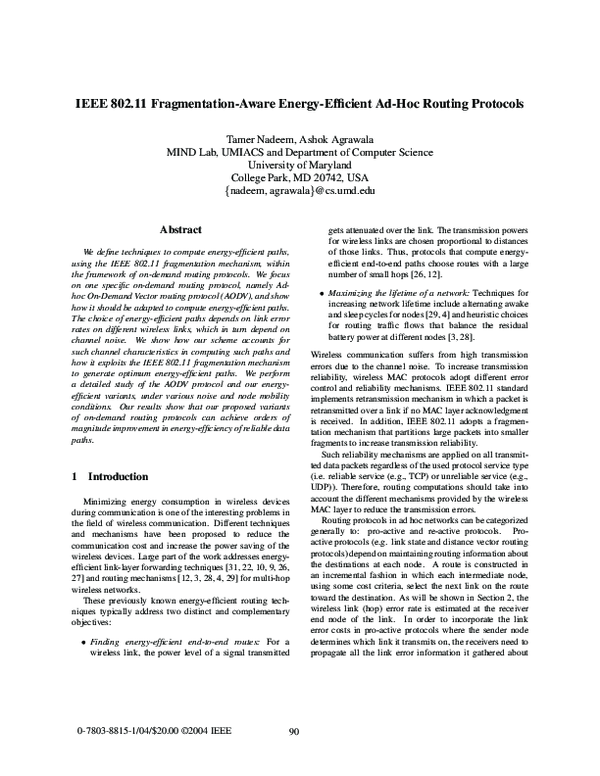 (PDF) IEEE 802.11 fragmentation-aware energy-efficient ad-hoc routing protocols