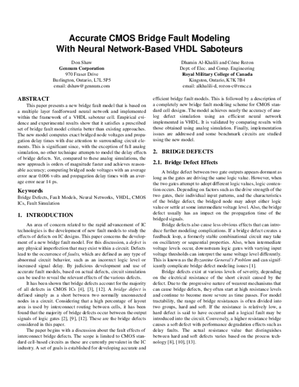 (PDF) Accurate CMOS bridge fault modeling with neural network-based VHDL saboteurs