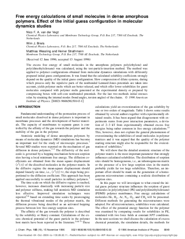 (PDF) Free energy calculations of small molecules in dense amorphous ...
