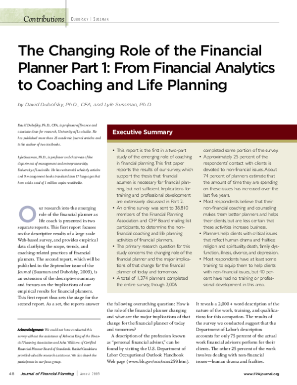 (PDF) The Changing Role of the Financial Planner Part 1: From Financial ...