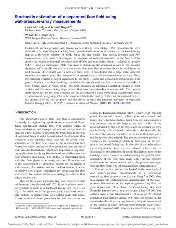 Pdf Stochastic Estimation Of A Separated Flow Field Using Wall Pressure Array Measurements