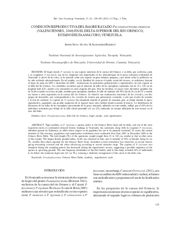 (PDF) Condición Reproductiva Del Bagre Rayado Pseudoplatystoma Tigrinum