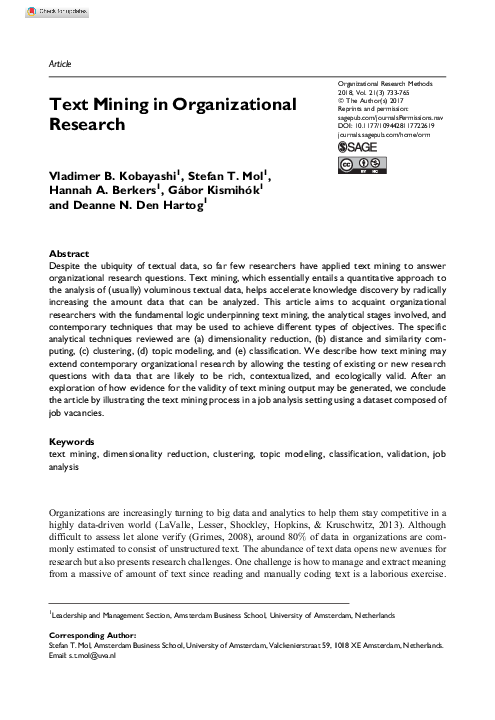 (PDF) Text Mining in Organizational Research