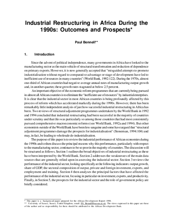 (PDF) Working Paper 40 - Industrial Restructuring in Africa During ...