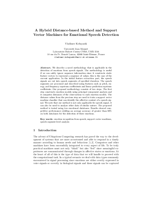 Pdf A Hybrid Distance Based Method And Support Vector Machines For Emotional Speech Detection