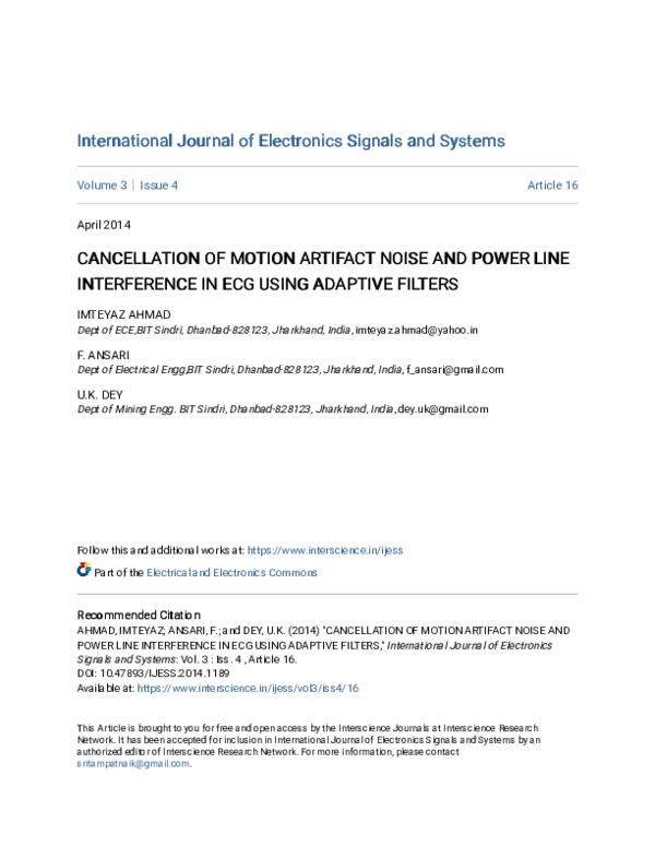(PDF) Cancellation of Motion Artifact Noise and Power Line Interference in Ecg Using Adaptive ...