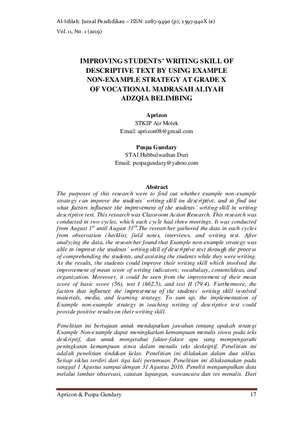(PDF) Improving Students’ Writing Skill of Descriptive Text by Using Example Non-Example ...