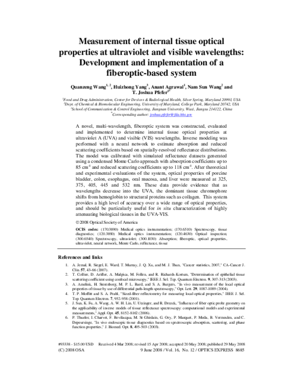 (PDF) Measurement of internal tissue optical properties at ultraviolet ...