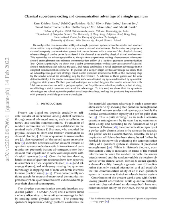 (PDF) Classical superdense coding and communication advantage of a ...