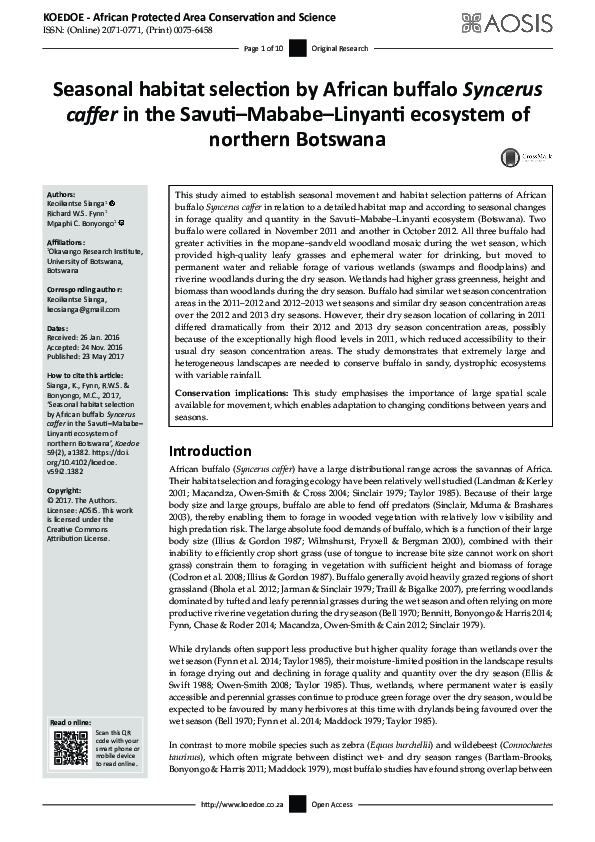 (PDF) Seasonal habitat selection by African buffalo Syncerus caffer in ...