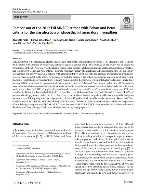 (PDF) Comparison of the 2017 EULAR/ACR criteria with Bohan and Peter ...