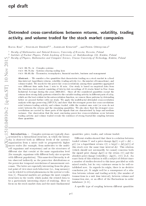 (PDF) Detrended cross-correlations between returns, volatility, trading ...