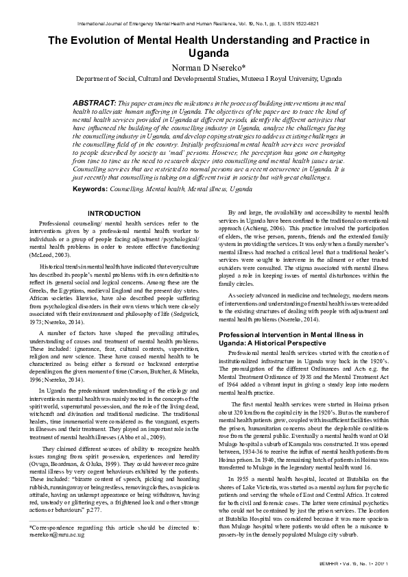 (PDF) The Evolution of Mental Health Understanding and Practice in Uganda