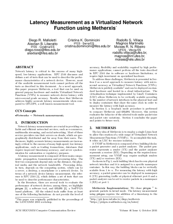 (PDF) Latency Measurement as a Virtualized Network Function using Metherxis