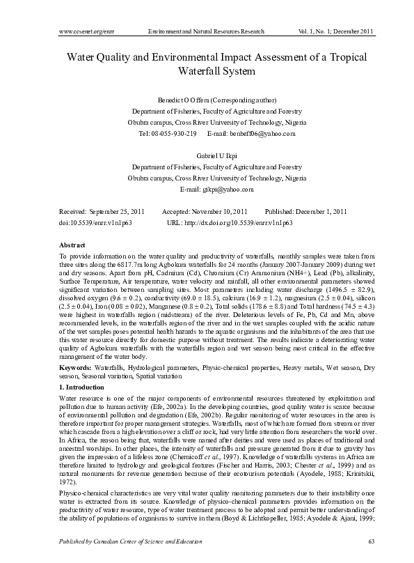 (PDF) Water Quality and Environmental Impact Assessment of a Tropical ...