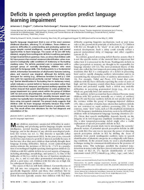 (PDF) Deficits in speech perception predict language learning impairment