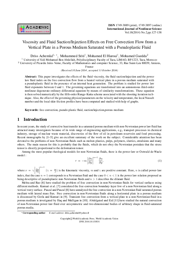 (PDF) Viscosity and Fluid Suction/Injection Effects on Free Convection ...