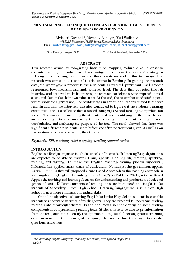 (PDF) Mind Mapping Technique to Enhance Junior High Student’s Reading Comprehension