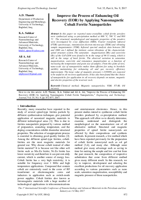 (PDF) Improve the Process of Enhancing Oil Recovery (EOR) by Applying Nanomagnetic Cobalt ...