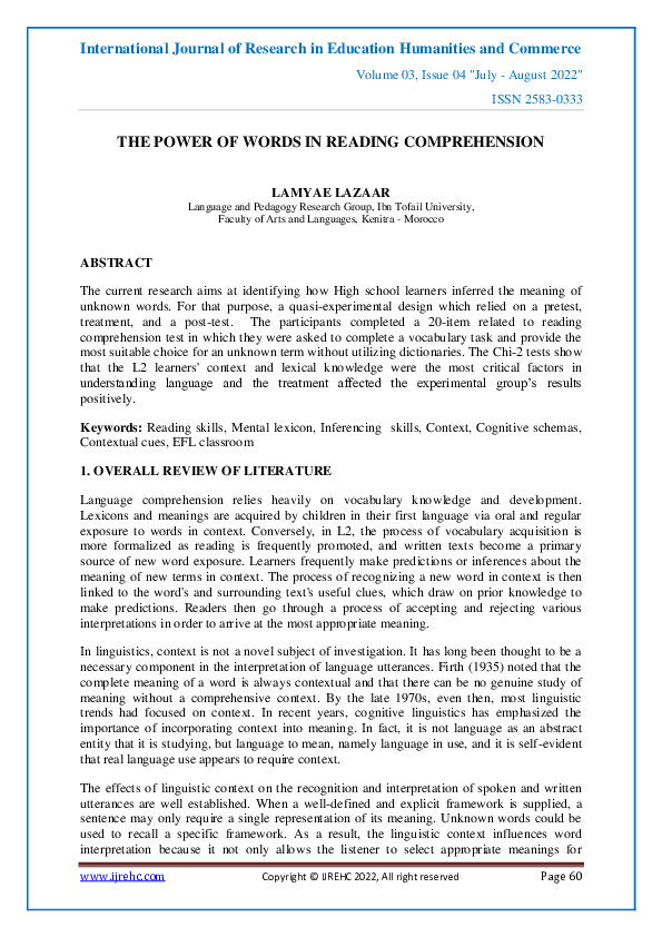 (PDF) THE POWER OF WORDS IN READING COMPREHENSION
