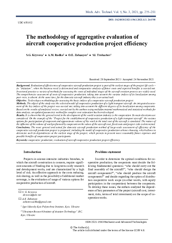 (PDF) Aggregative Methodology of Aircraft Cooperative Production Project Efficiency Evaluation