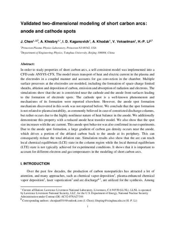 Pdf Validated Two Dimensional Modeling Of Short Carbon Arcs Anode And Cathode Spots