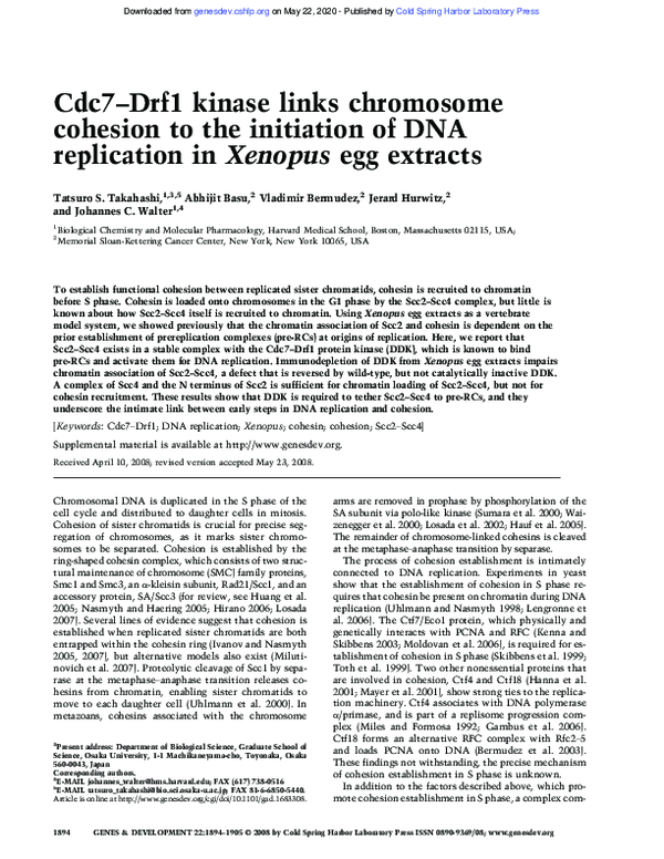 (PDF) Cdc7–Drf1 kinase links chromosome cohesion to the initiation of ...