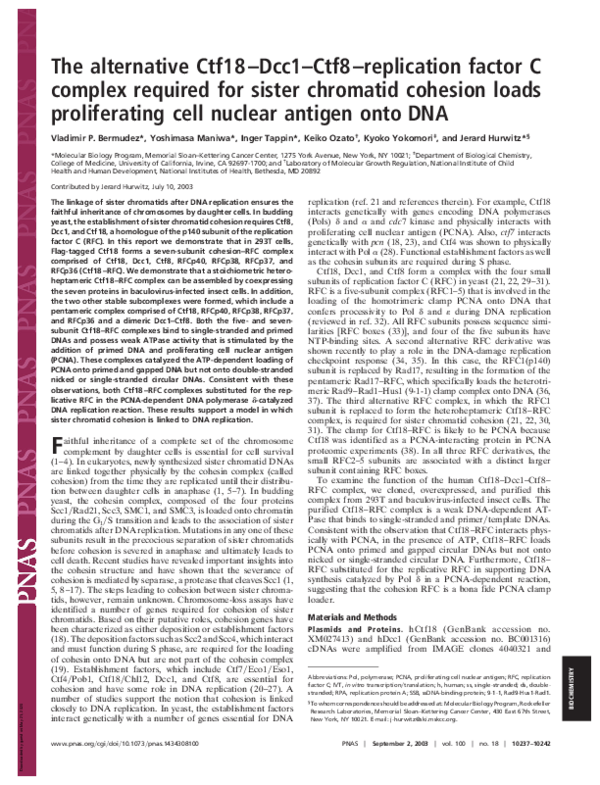 (PDF) The alternative Ctf18-Dcc1-Ctf8-replication factor C complex ...