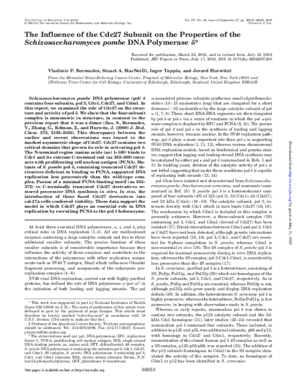 (PDF) The Influence of the Cdc27 Subunit on the Properties of the ...
