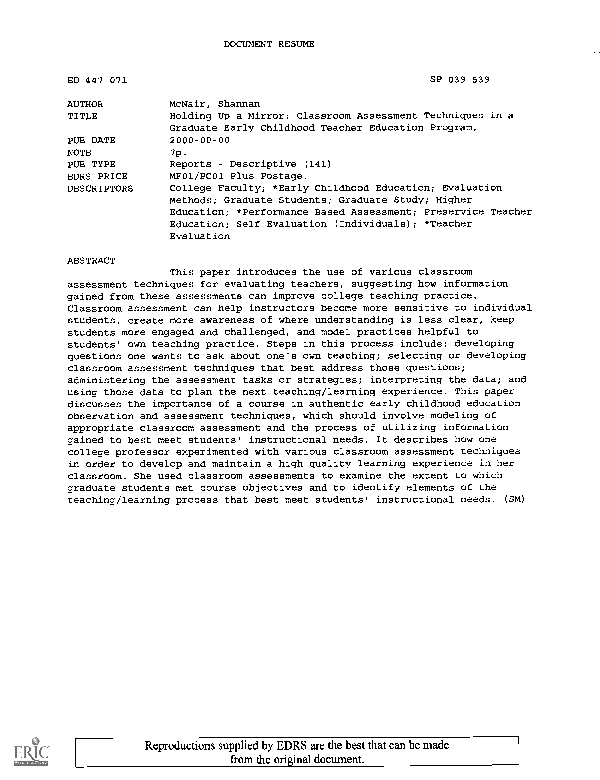 (PDF) Holding Up a Mirror: Classroom Assessment Techniques in a ...