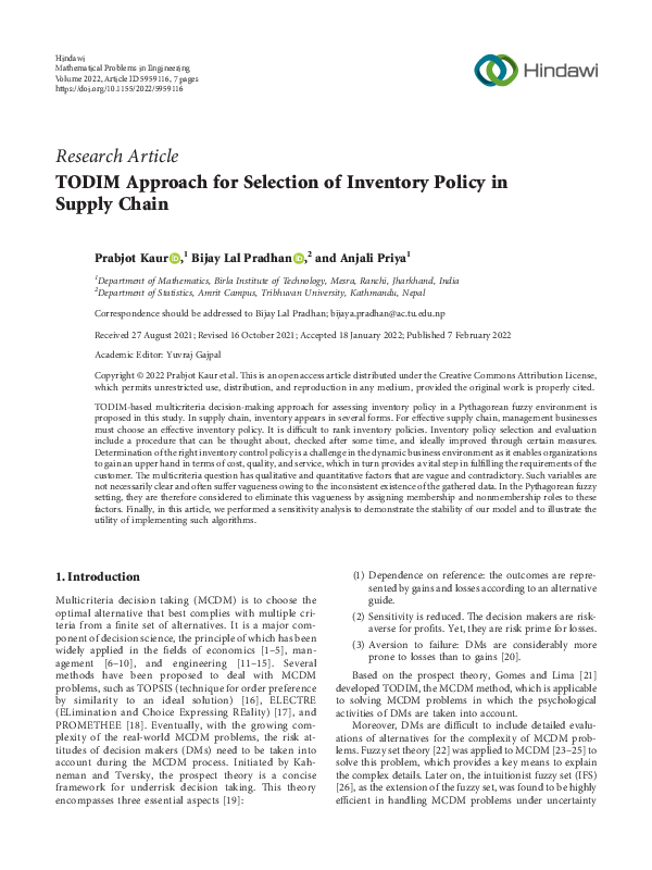 (PDF) TODIM Approach for Selection of Inventory Policy in Supply Chain