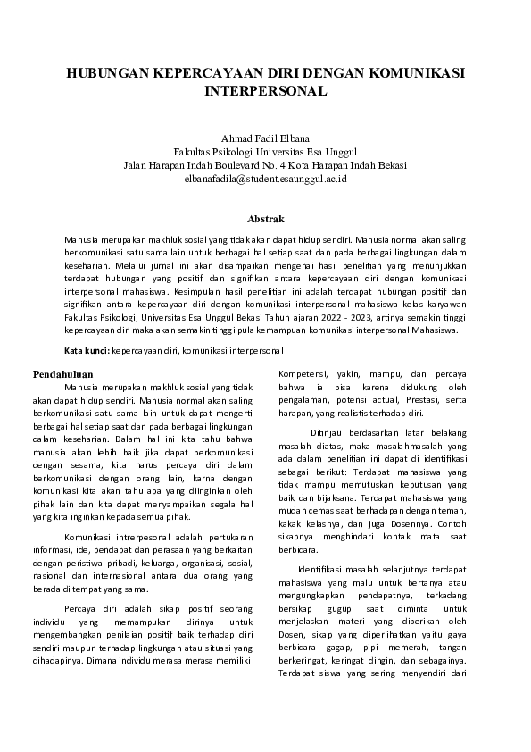 (DOC) HUBUNGAN KEPERCAYAAN DIRI DENGAN KOMUNIKASI INTERPERSONAL