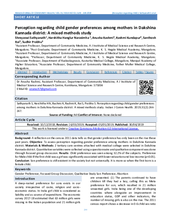 (PDF) Perception regarding child gender preferences among mothers in ...