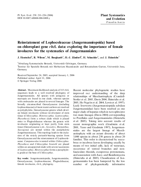 (PDF) Reinstatement of Lophocoleaceae (Jungermanniopsida) based on ...