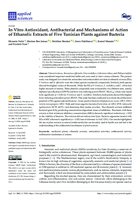 (PDF) In Vitro Antioxidant, Antibacterial and Mechanisms of Action of Ethanolic Extracts of Five ...