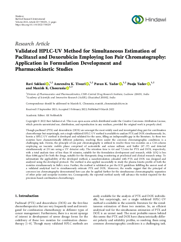 (PDF) Validated HPLC-UV Method for Simultaneous Estimation of Paclitaxel and Doxorubicin ...