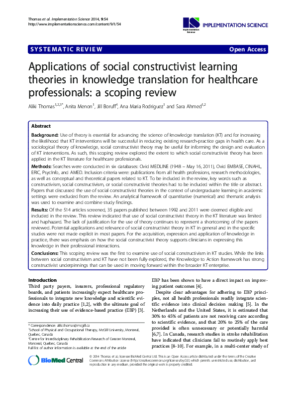 (PDF) Applications of social constructivist learning theories in knowledge translation for ...