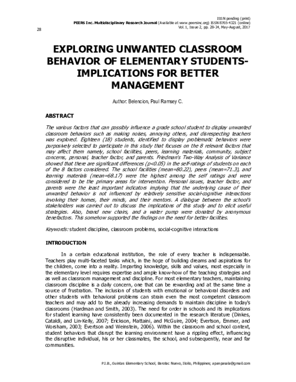 (PDF) EXPLORING UNWANTED CLASSROOM BEHAVIOR OF ELEMENTARY STUDENTS ...